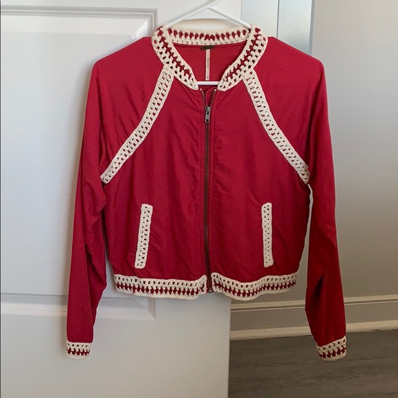 Free People | Jackets & Coats | Cropped Red Bomber Jacket | Poshmark